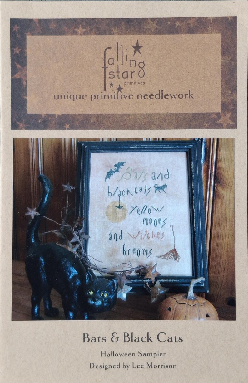 Bats and Black Cats Cross Stitch Halloween Sampler Pattern Designed by Falling Star Primitives ...