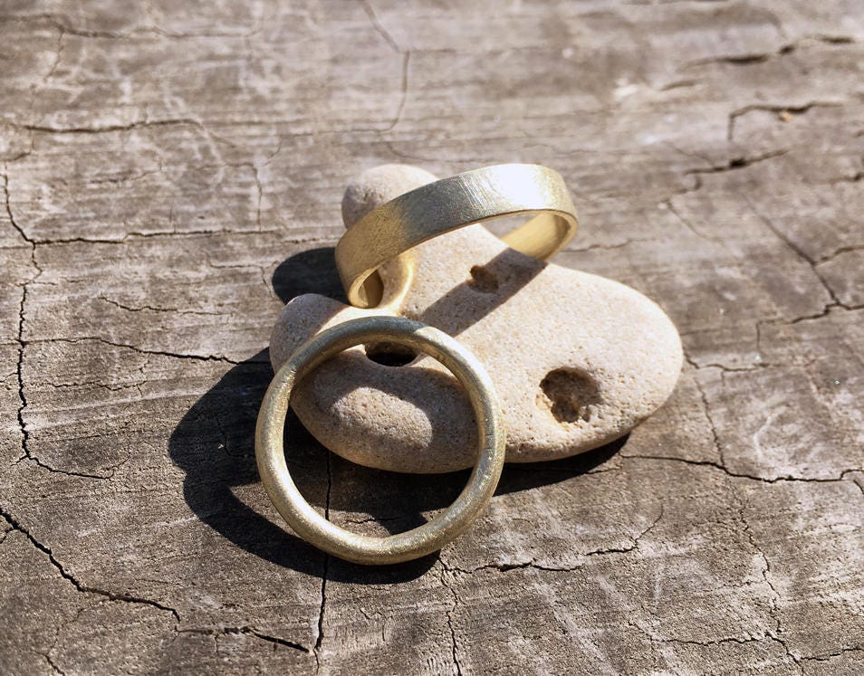 Rough and Rustic Couple. Set of Gold Organic Textured Wedding Bands ...
