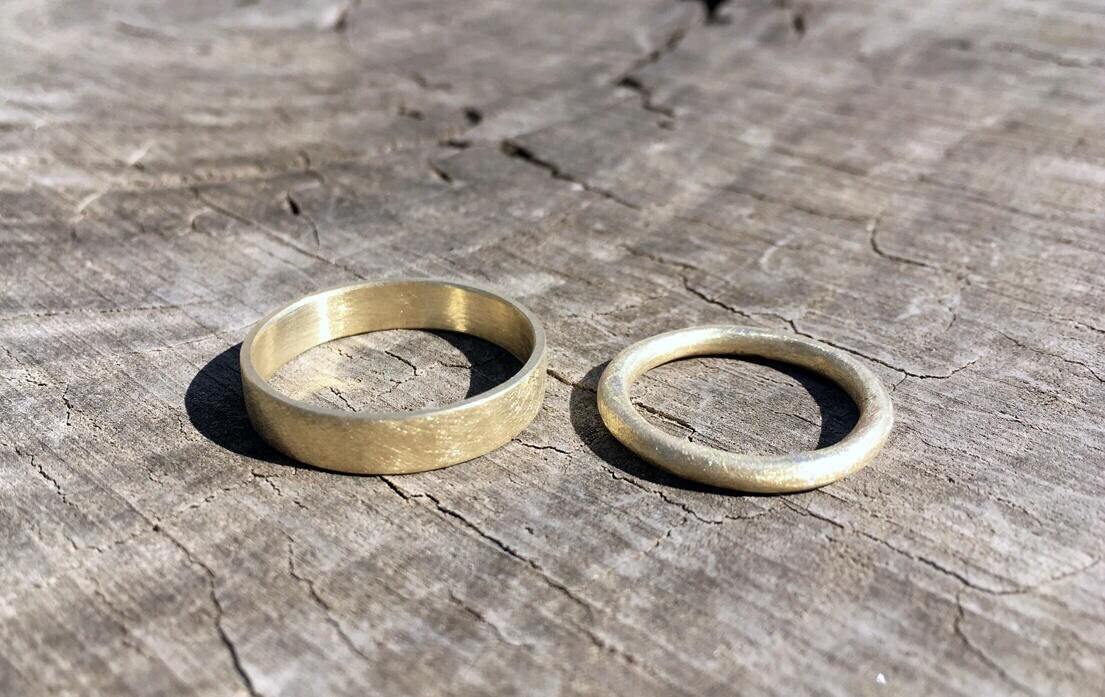 Rough and Rustic Couple. Set of Gold Organic Textured Wedding Bands ...