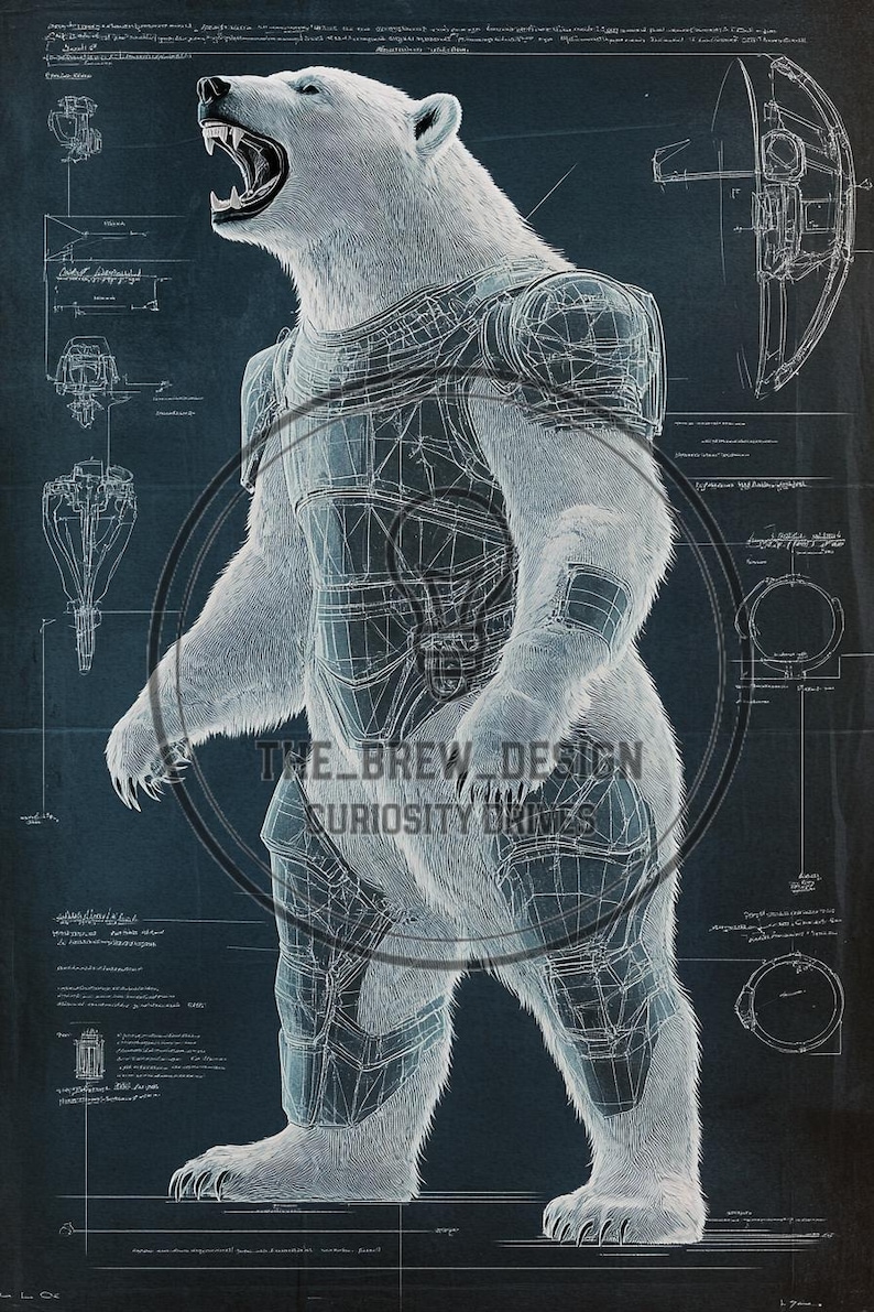 Steampunk Bear Warrior Printable Art – Vintage Sci-fi Blueprint Poster ...