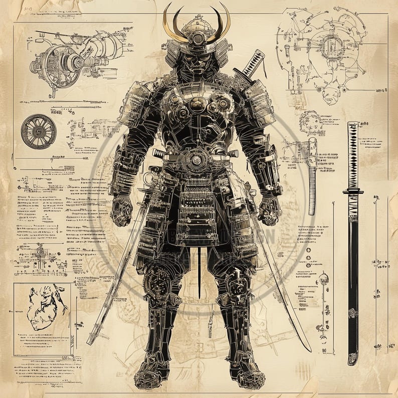 Steampunk Samurai Warrior Blueprint – Vintage Sci-fi Printable Poster ...