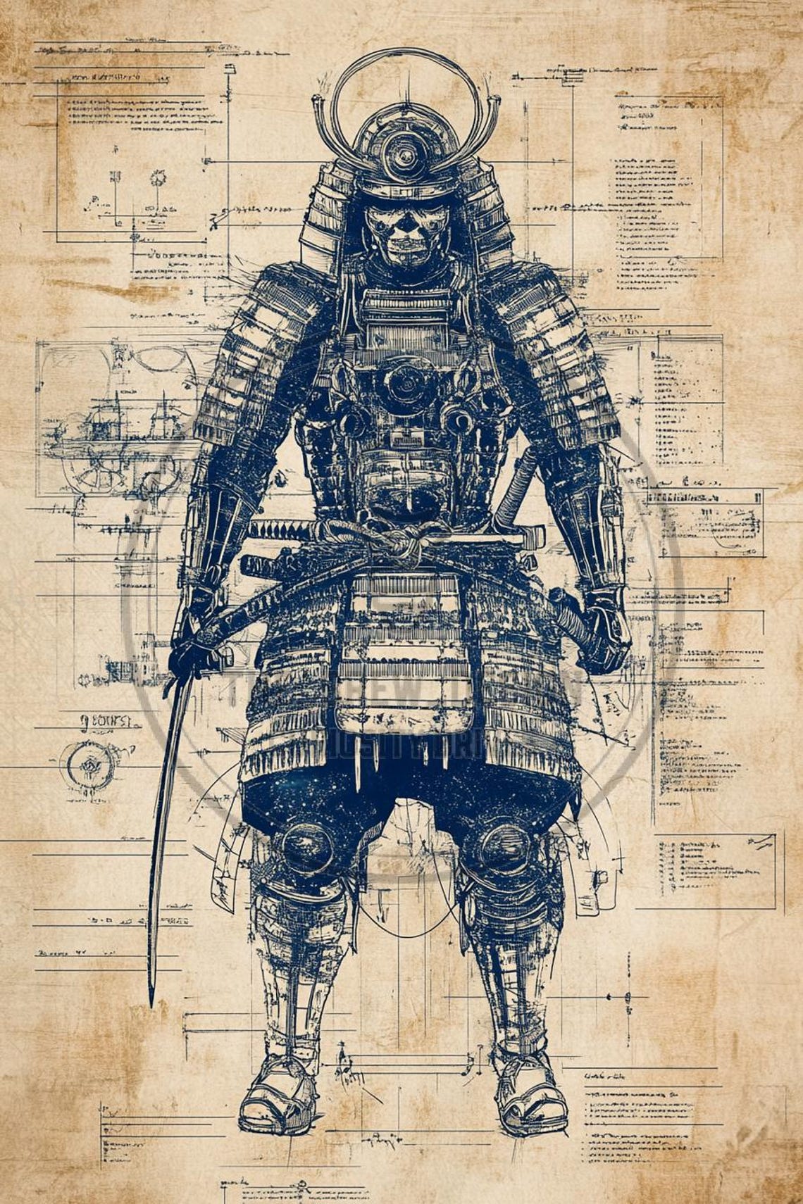 Steampunk Samurai Blueprint – Vintage Printable Poster, Mechanical ...