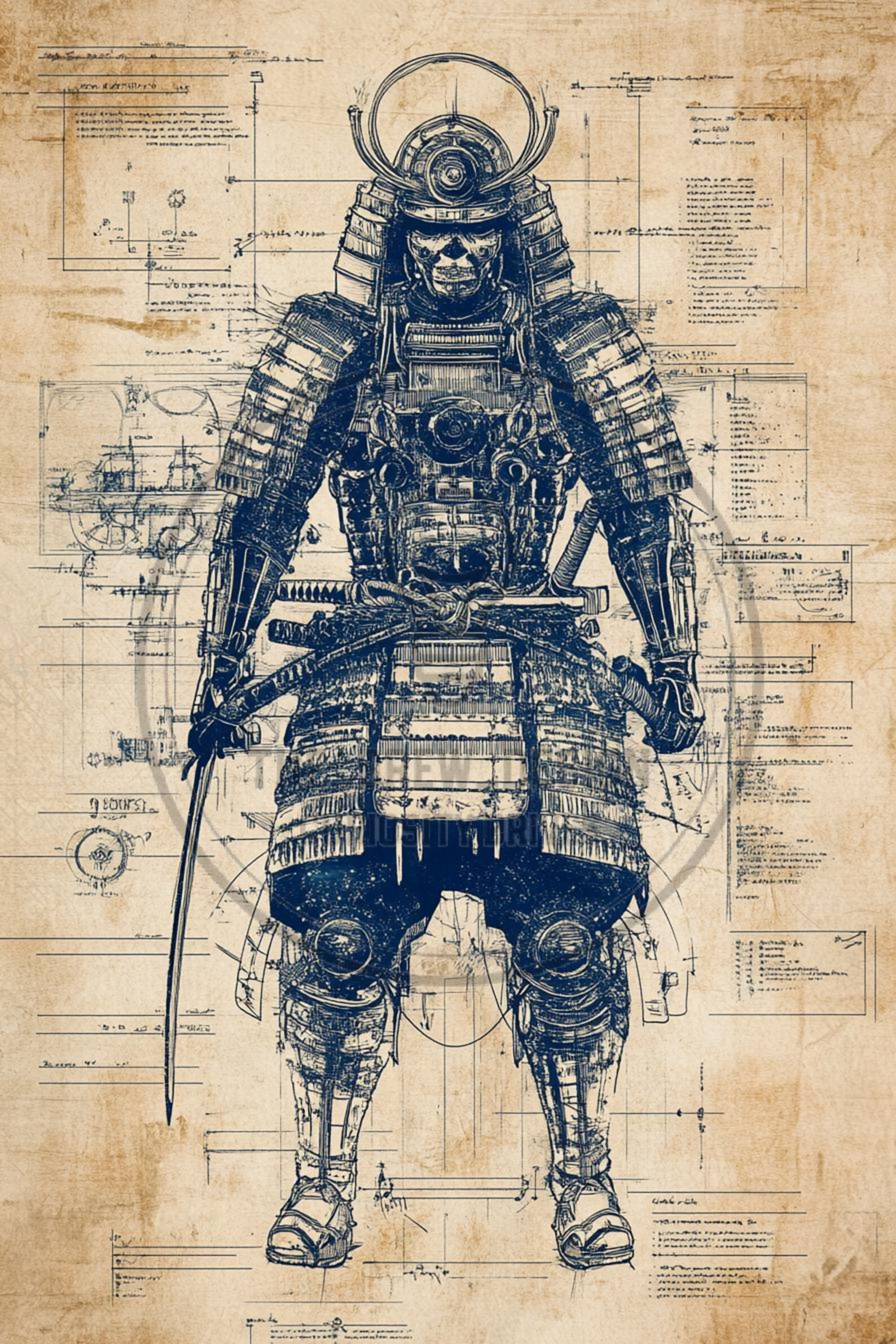 Steampunk Samurai Blueprint – Vintage Printable Poster, Mechanical ...