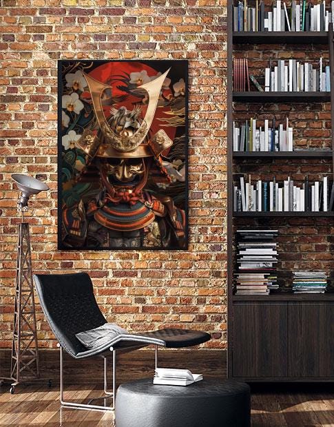 Gold Samurai Helmet Printable Poster – Japanese Warrior Art, Futuristic ...