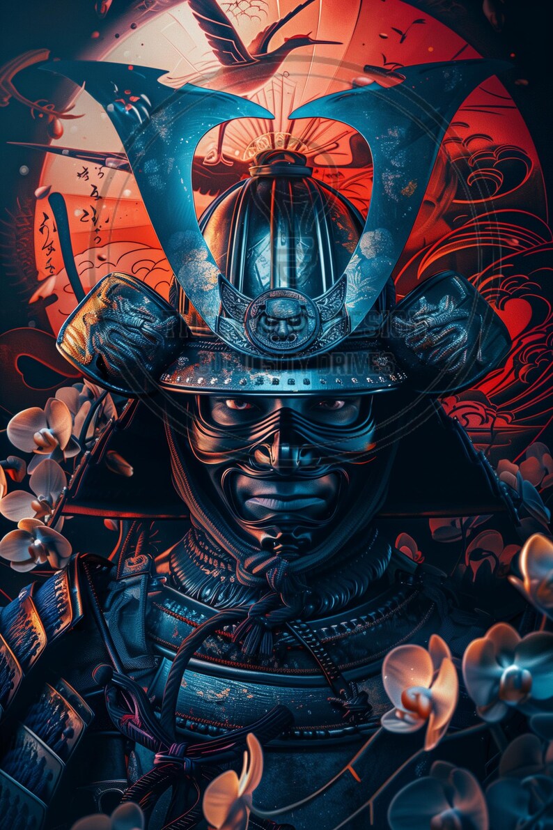 Blue Samurai Helmet Printable Poster – Japanese Warrior Art, Futuristic ...