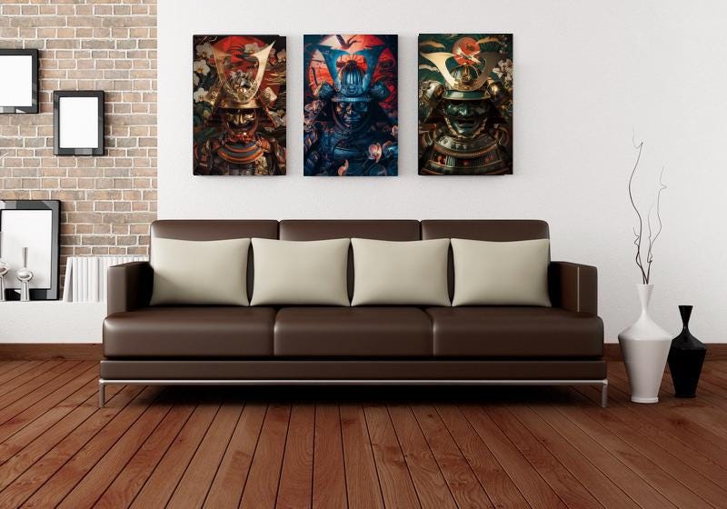 Blue Samurai Helmet Printable Poster – Japanese Warrior Art, Futuristic ...
