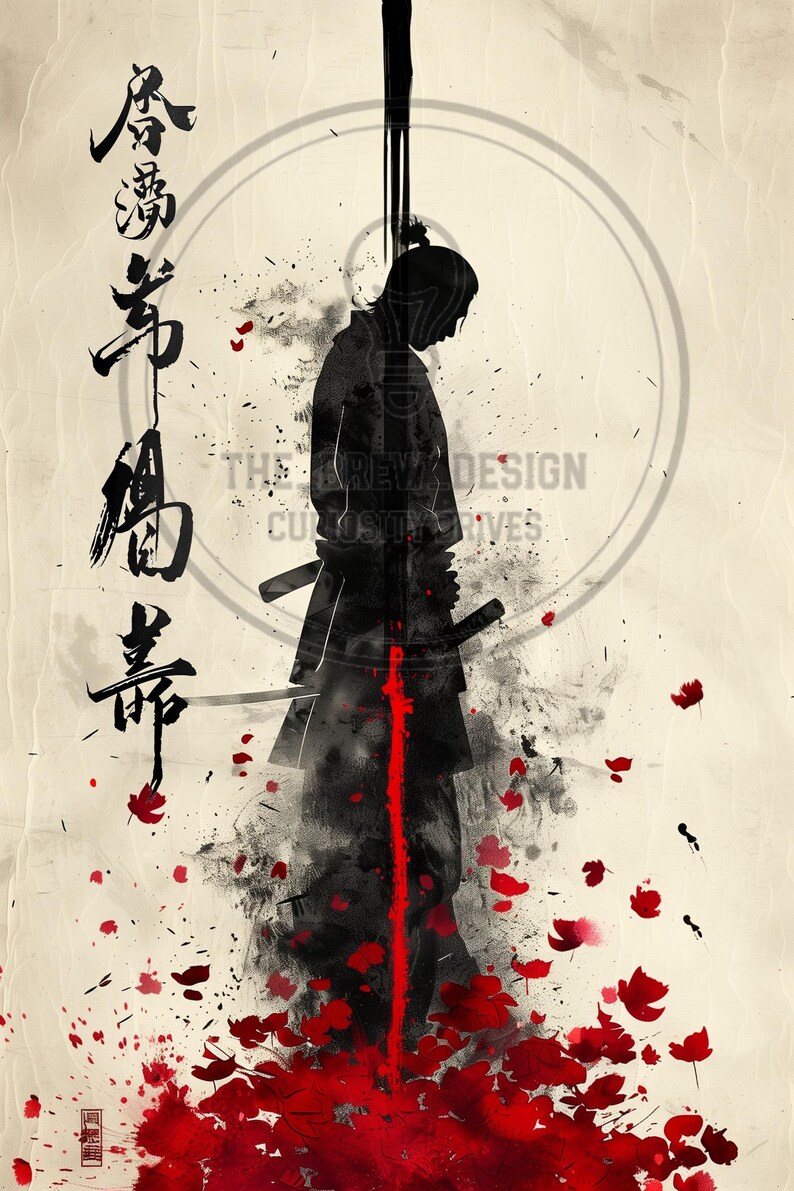 Samurai Warrior Wall Art – Black White Ink Poster With Red Accents ...