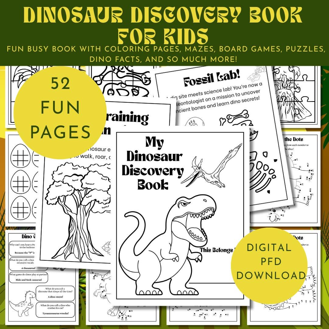 Dinosaur Activity Book for Kids | Printable Mazes, Coloring Pages (PDF ...