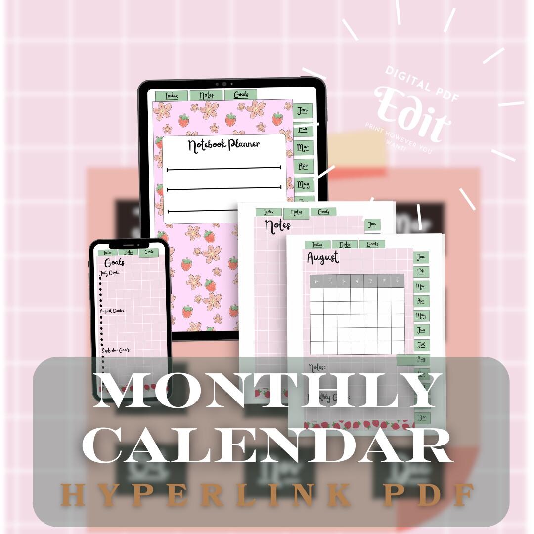 Digital Monthly Planner | Strawberry Notebook Style | Goal Setting ...