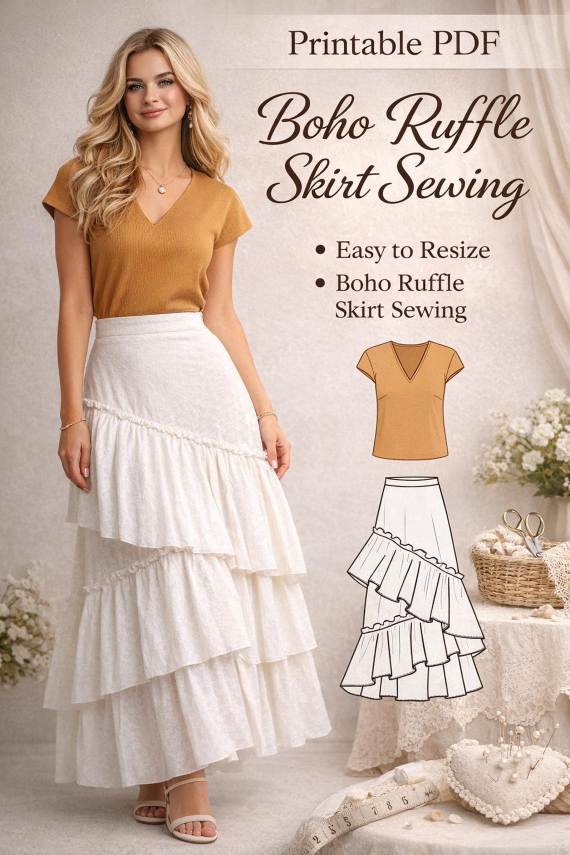 Boho Ruffle Skirt PDF Sewing Pattern – Easy Tiered Maxi Skirt With ...