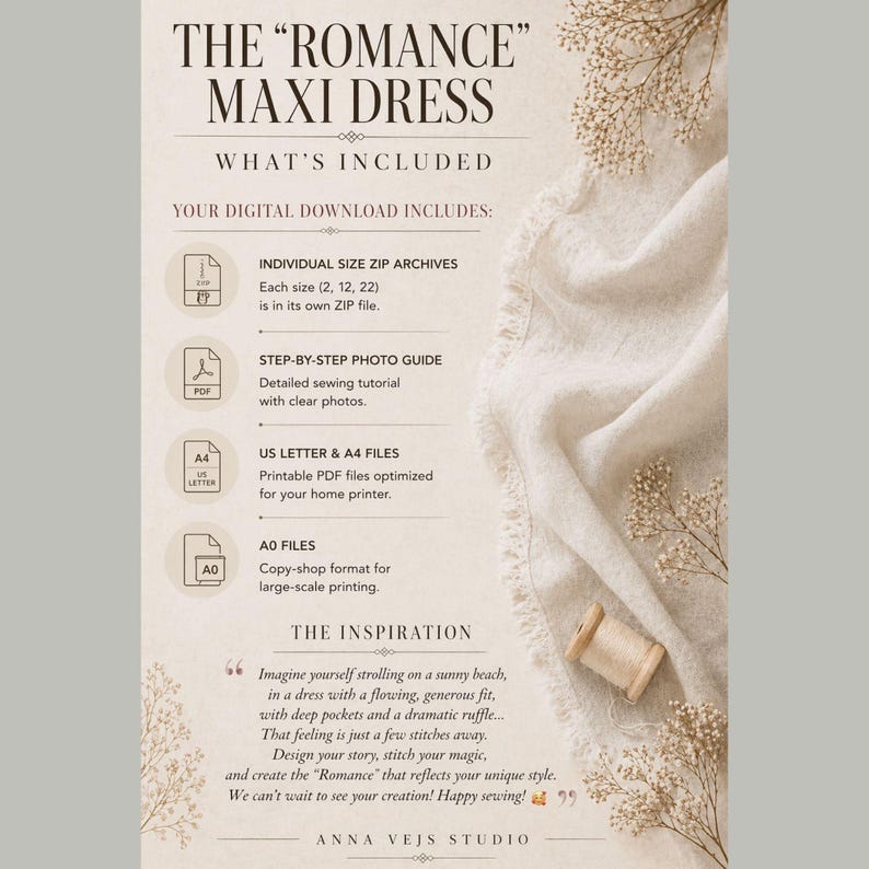 Romance Maxi Dress PDF Sewing Pattern Boho Tiered Ruffle Puffy Sleeves ...