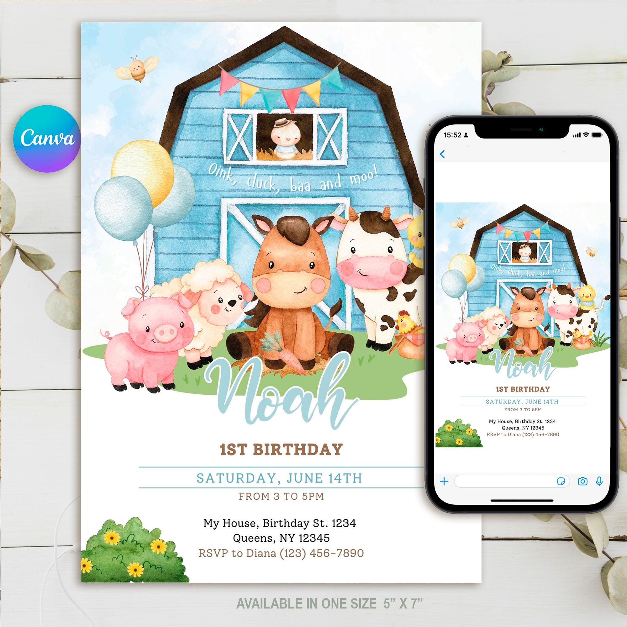 Farm Animals Birthday Invitation: Blue Barnyard, Editable Canva ...