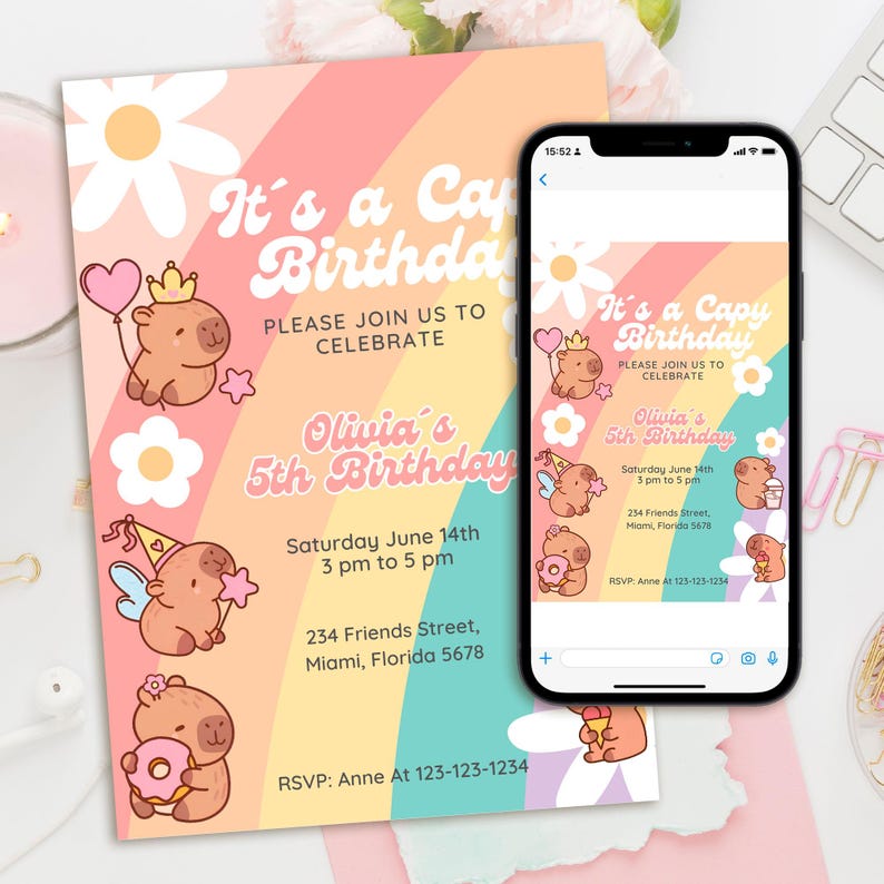 Capybara Birthday Invitation: Groovy Pastel Theme (editable Canva ...
