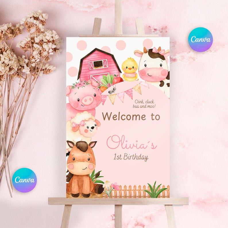 Pink Farm Birthday Welcome Sign: Barnyard Animals, Floral Theme ...