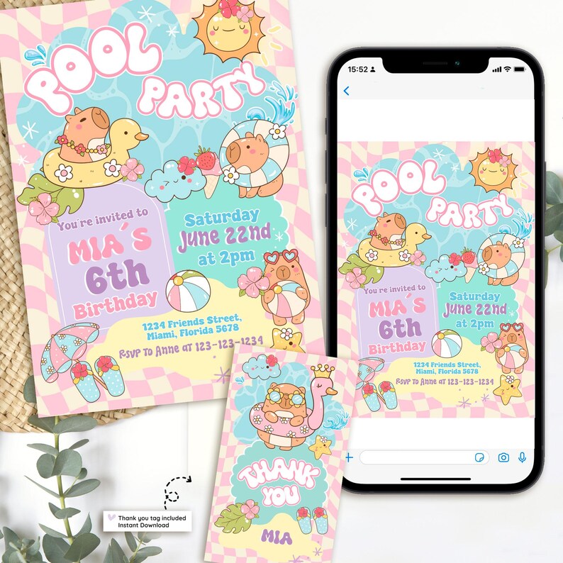 Capybara Pool Party Invitation: Groovy Birthday Template (digital ...