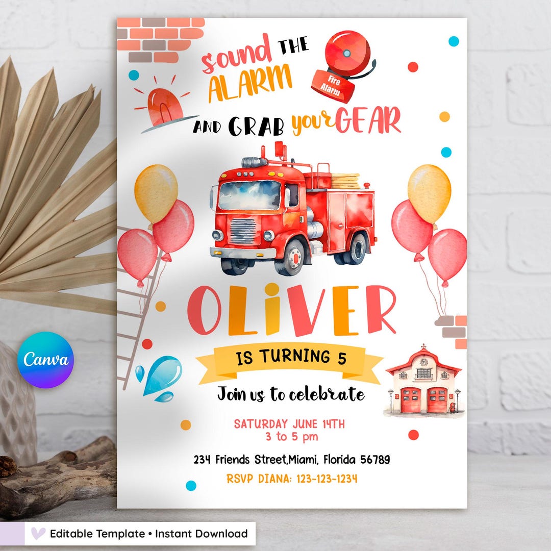 Firefighter Birthday Invitation: Fire Truck Party, Editable Template ...