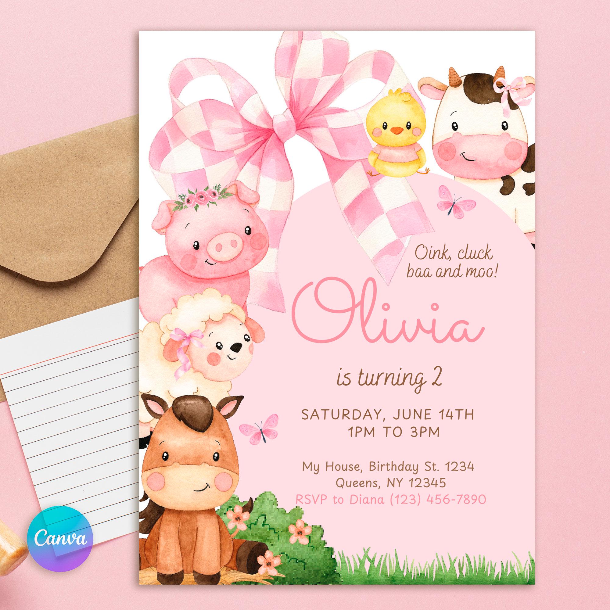 Farm Birthday Invitation Girl: Pink Gingham Barnyard Animals (digital ...
