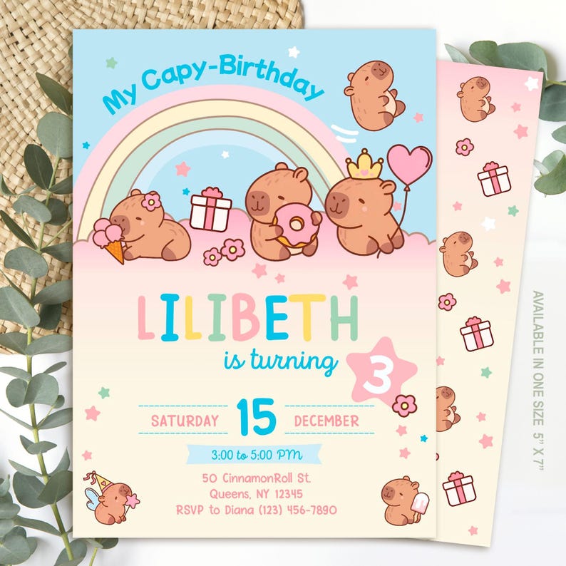 Capybara Birthday Invitation - Cute Kawaii Capybara Party - Pastel ...