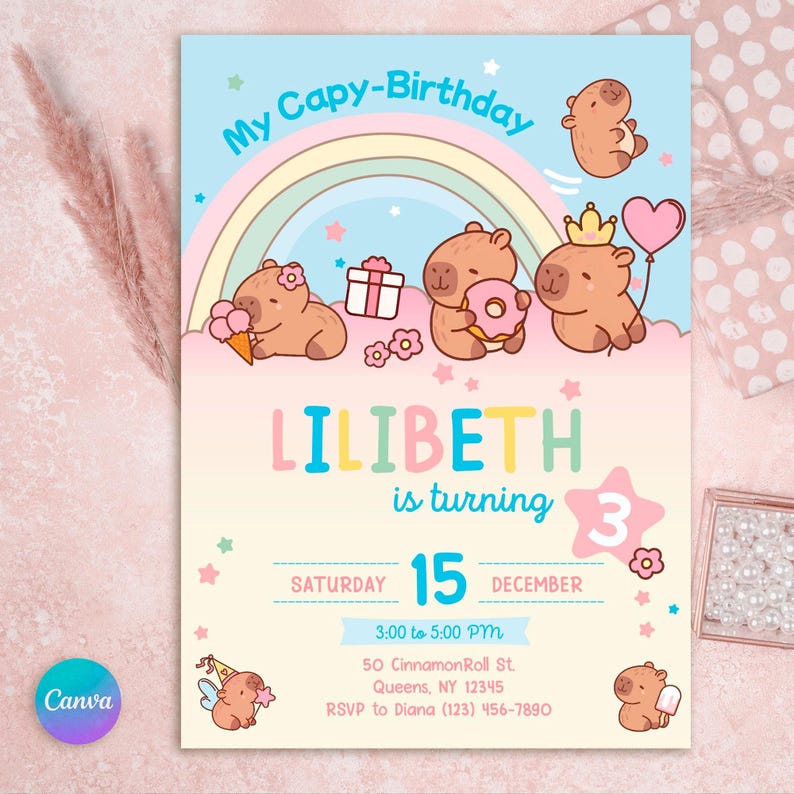 Capybara Birthday Invitation - Cute Kawaii Capybara Party - Pastel ...