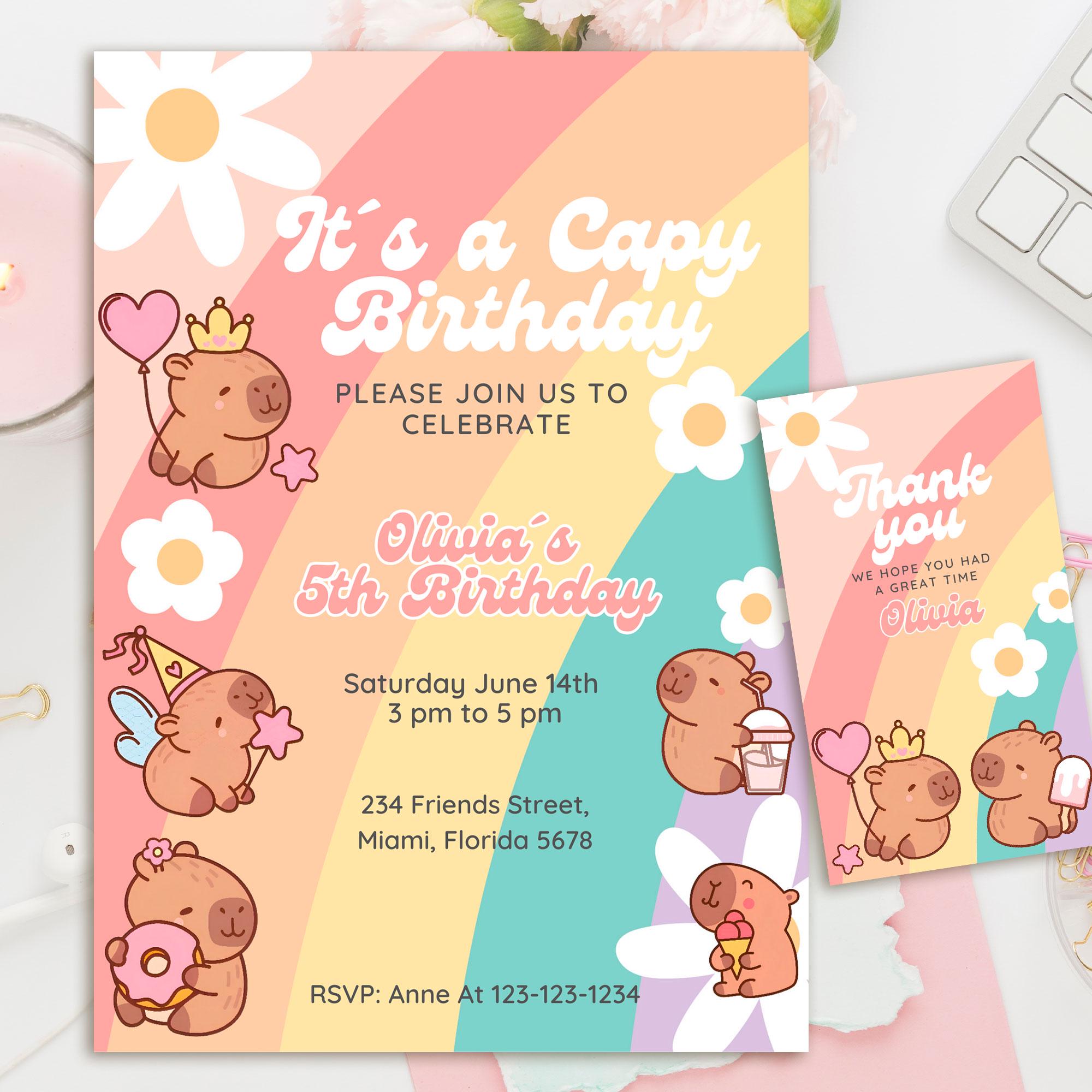 Invitación de cumpleaños de capibara, linda fiesta de capibara estética ...