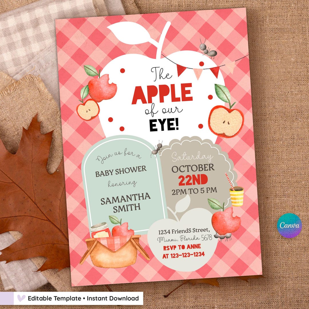 Apple Baby Shower Invitation: Red Gingham Picnic, Editable Canva ...