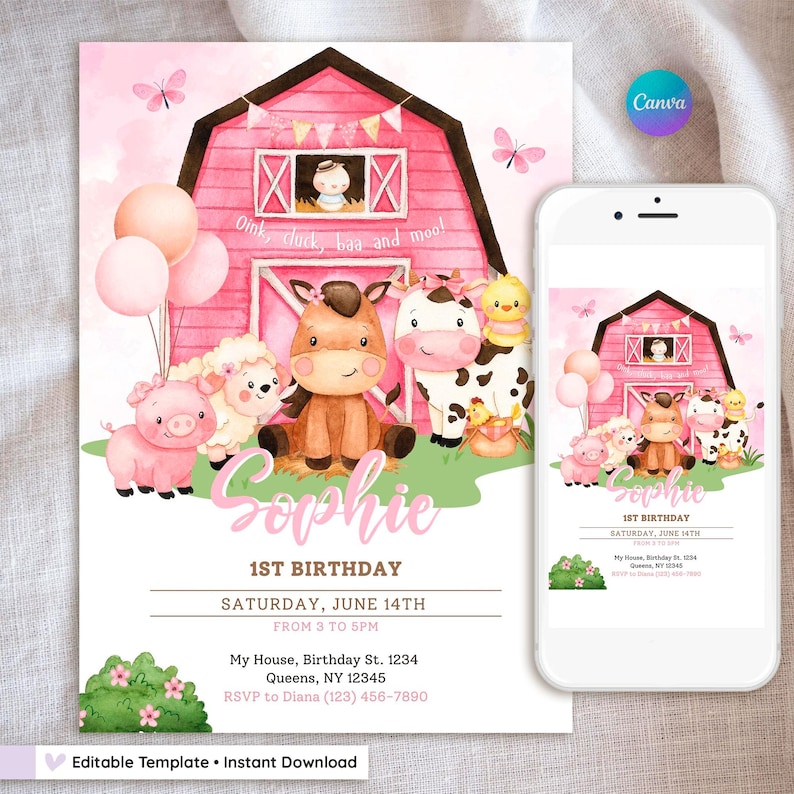 Pink Farm Birthday Invitation: Barnyard Animals Party (digital Download ...