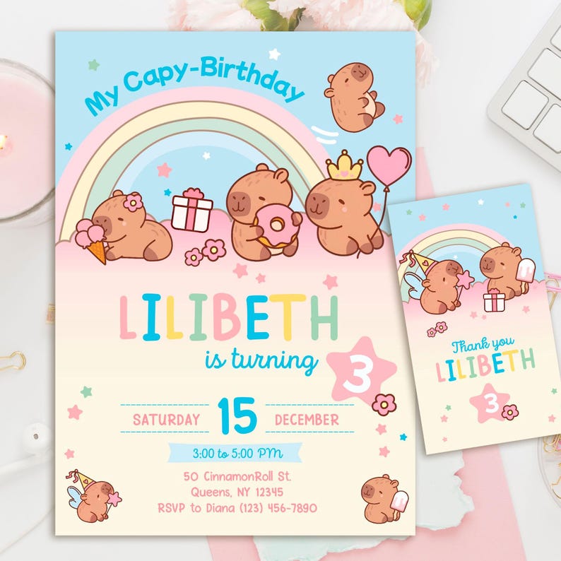 Capybara Birthday Invitation - Cute Kawaii Capybara Party - Pastel ...