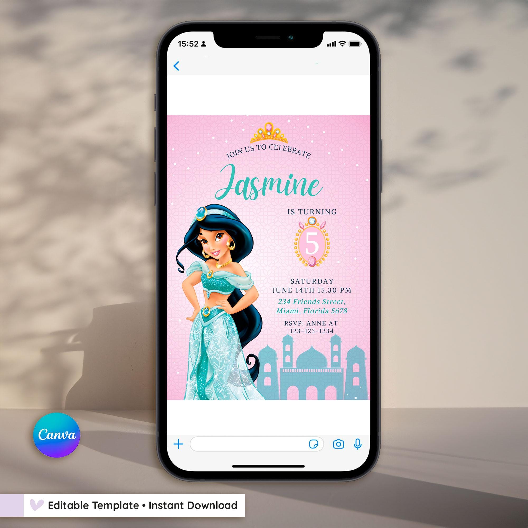 Princess Jasmine Birthday Invitation: Arabian Nights Party, Editable ...