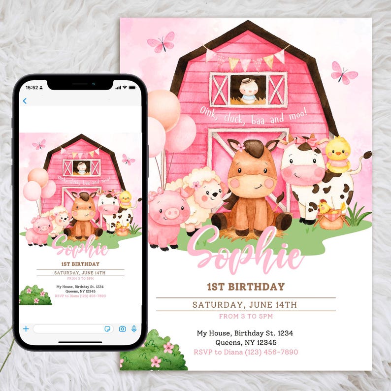 Pink Farm Birthday Invitation: Barnyard Animals Party (digital Download ...
