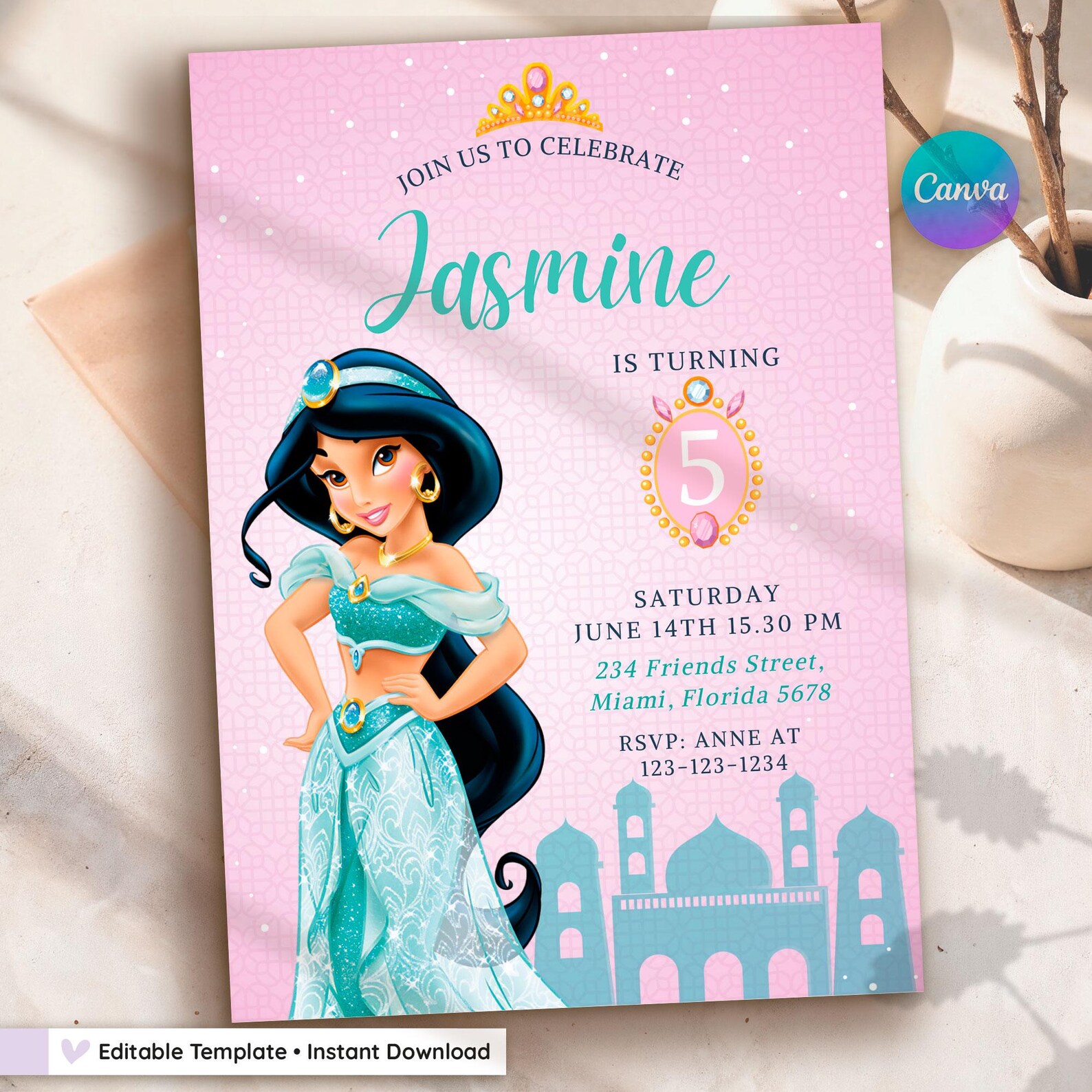 Princess Jasmine Birthday Invitation: Arabian Nights Party, Editable ...