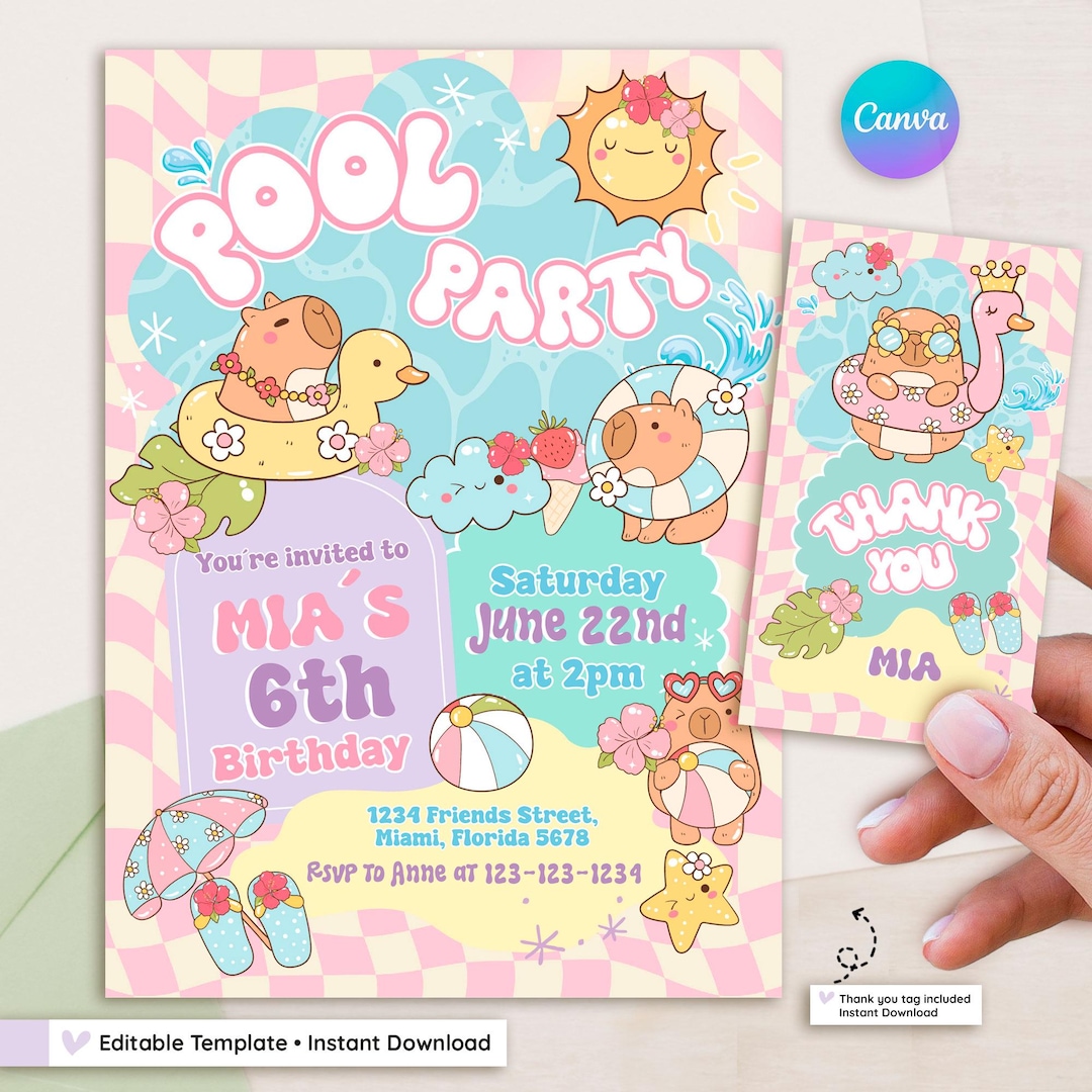 Capybara Pool Party Invitation: Groovy Birthday Template (digital ...