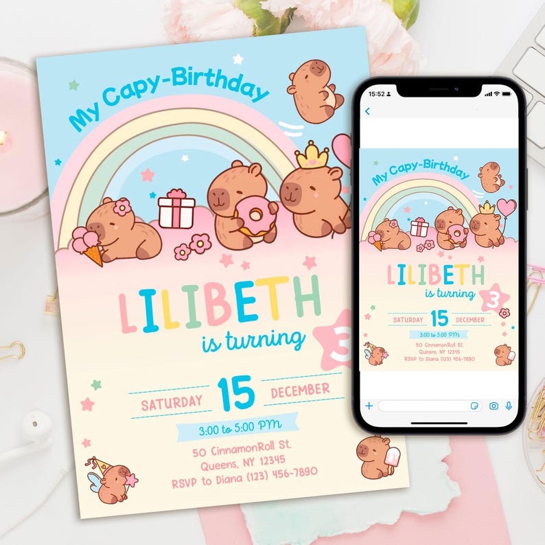 Capybara Birthday Invitation - Cute Kawaii Capybara Party - Pastel ...