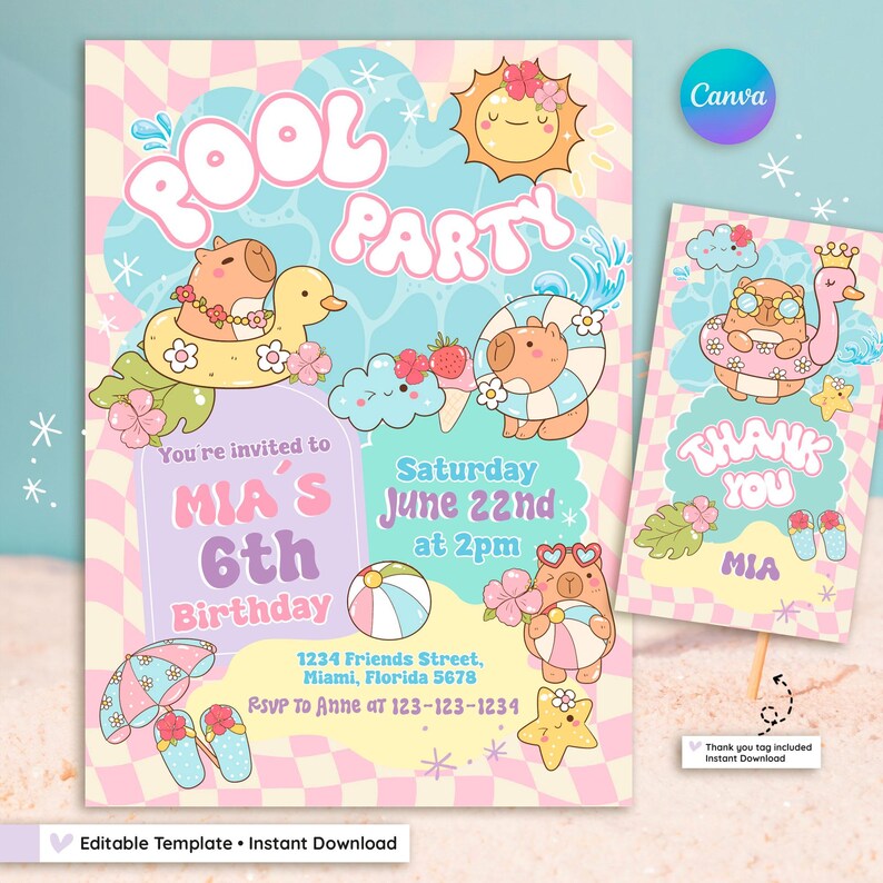 Capybara Pool Party Invitation: Groovy Birthday Template (digital ...