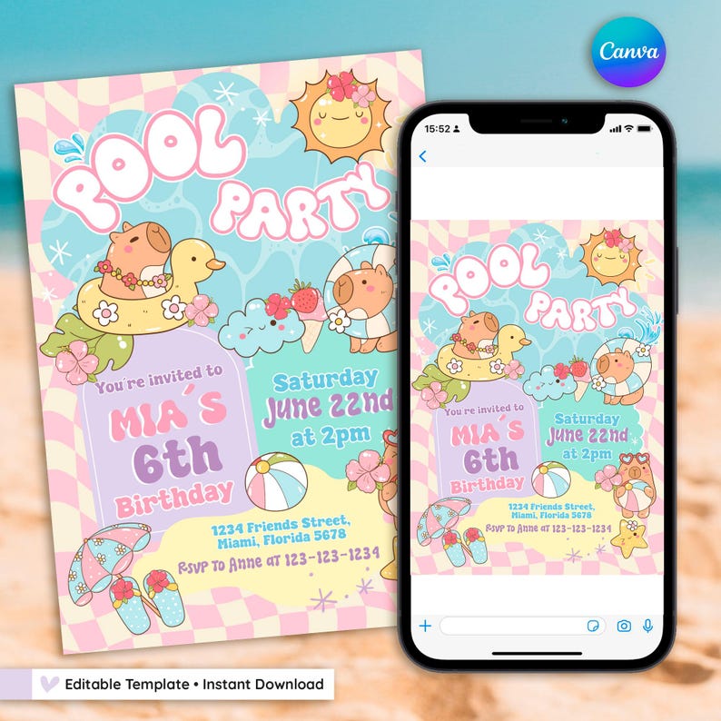 Capybara Pool Party Invitation | Editable Summer Birthday Invite for ...