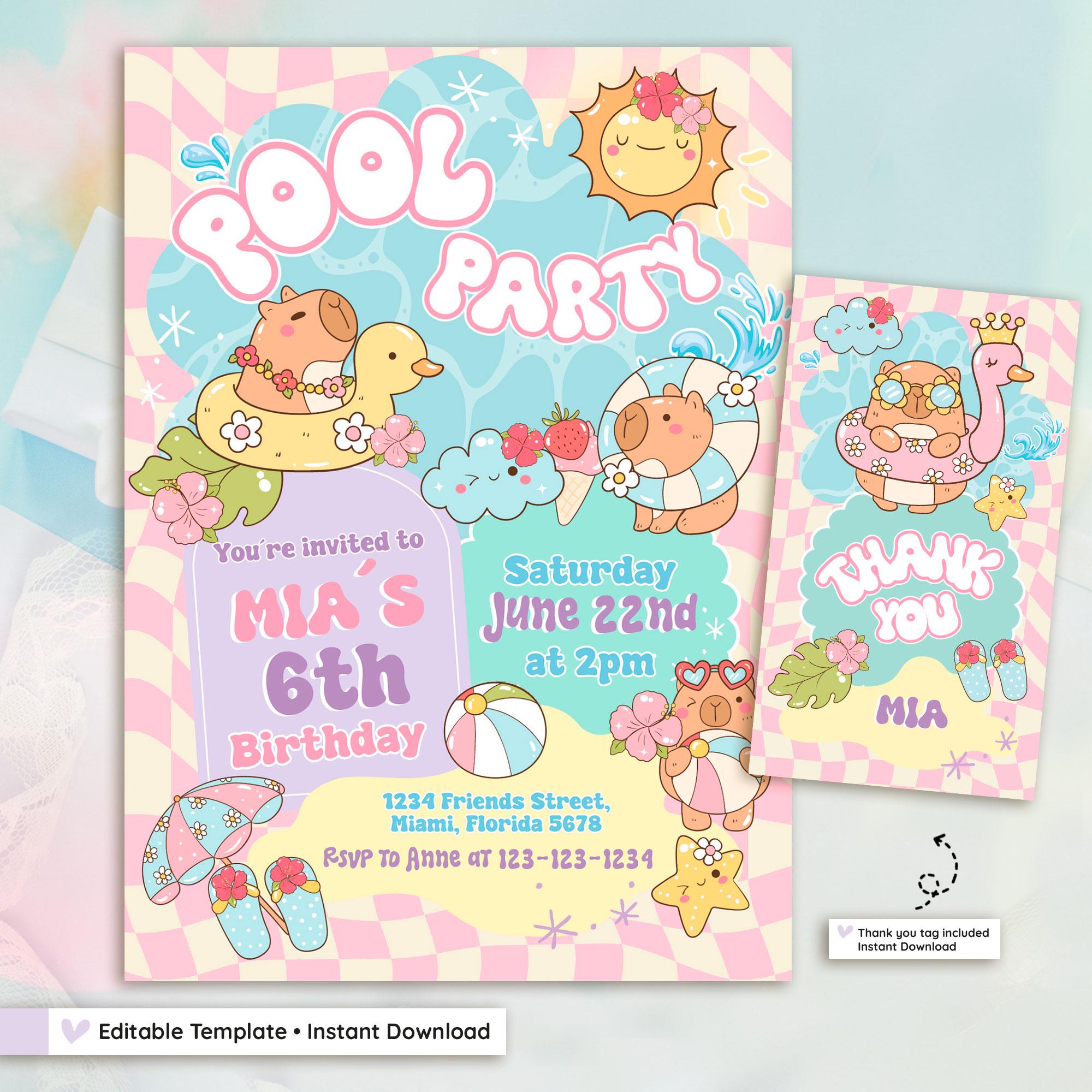 Capybara Pool Party Invitation | Editable Summer Birthday Invite for ...