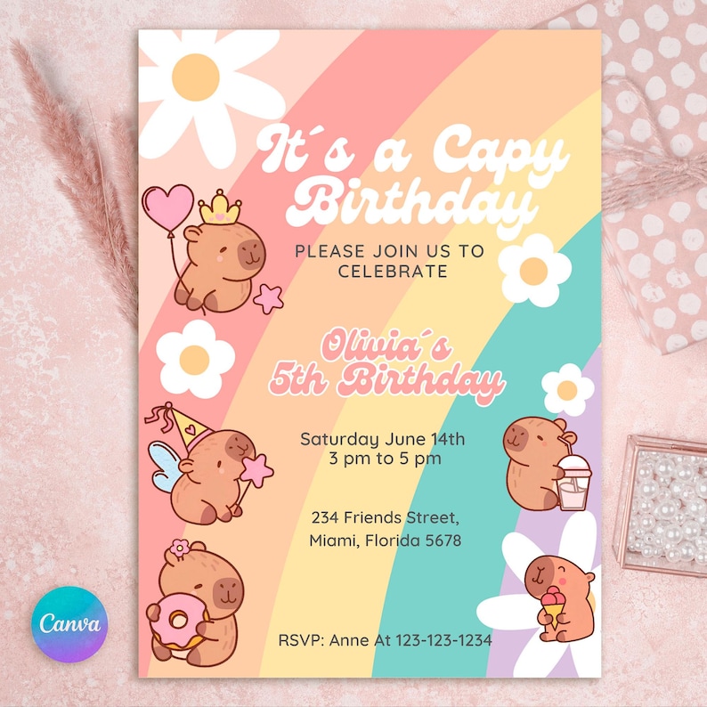 Capybara Birthday Invitation: Groovy Pastel Theme (editable Canva ...