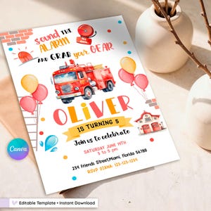 Firefighter Birthday Invitation: Fire Truck Party, Editable Template ...