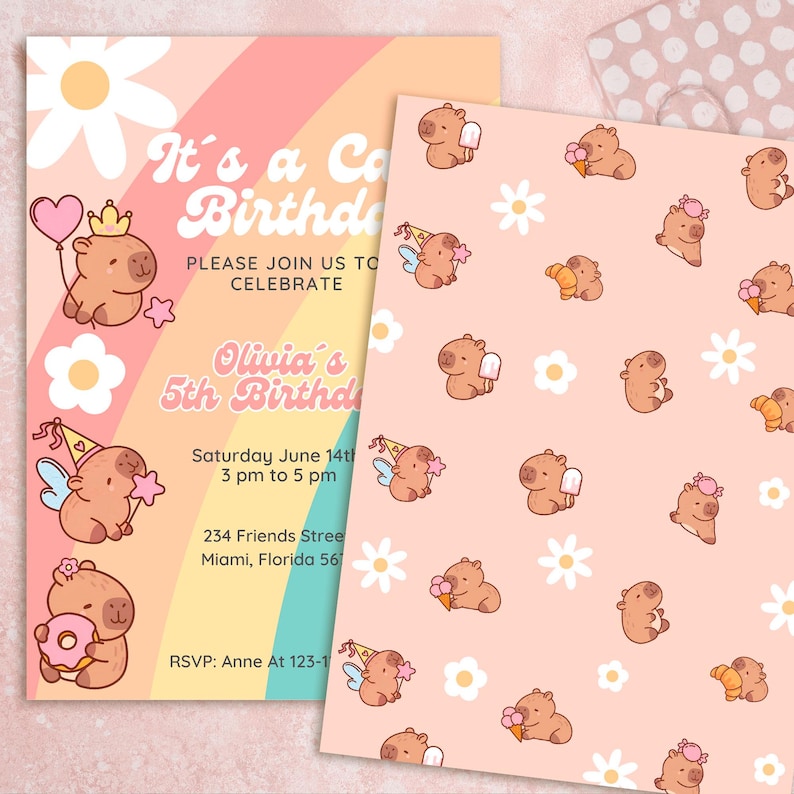 Capybara Birthday Invitation: Groovy Pastel Theme (editable Canva ...