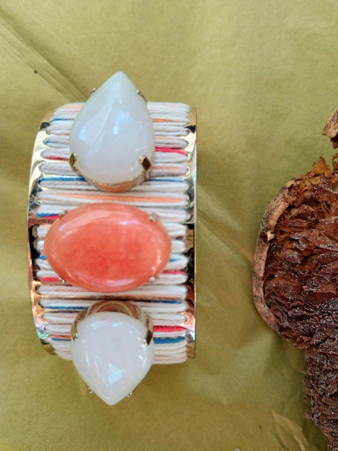 Vintage, Y2K, Unique, Wide, Gold Tone and Polished Agate Cuff Bracelet, Bohochic - Etsy