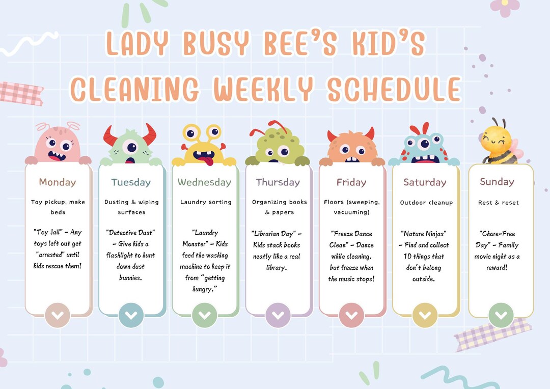 Kids Weekly Cleaning Schedule, Printable Chore Chart for Kids, Fun ...