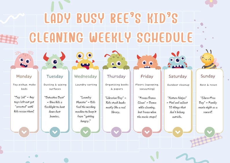 Kids Weekly Cleaning Schedule, Printable Chore Chart for Kids, Fun ...