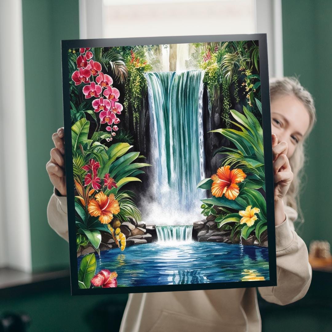 Tropical Waterfall Puzzle, Exotic Flowers Jigsaw Game Night Family ...