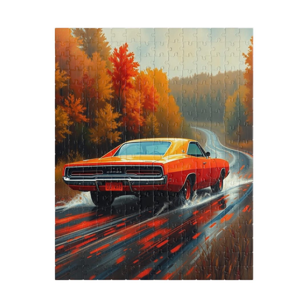 Vintage Car Puzzle - Classic 1969 Dodge Charger, Autumn Road Trip Scene ...