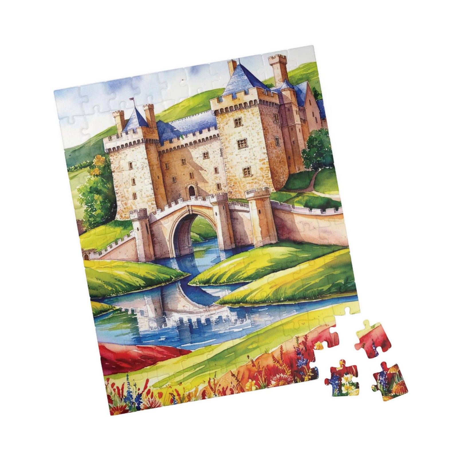 Medieval Castle Landscape Jigsaw Puzzle, Serene Moat Drawbridge Rolling ...