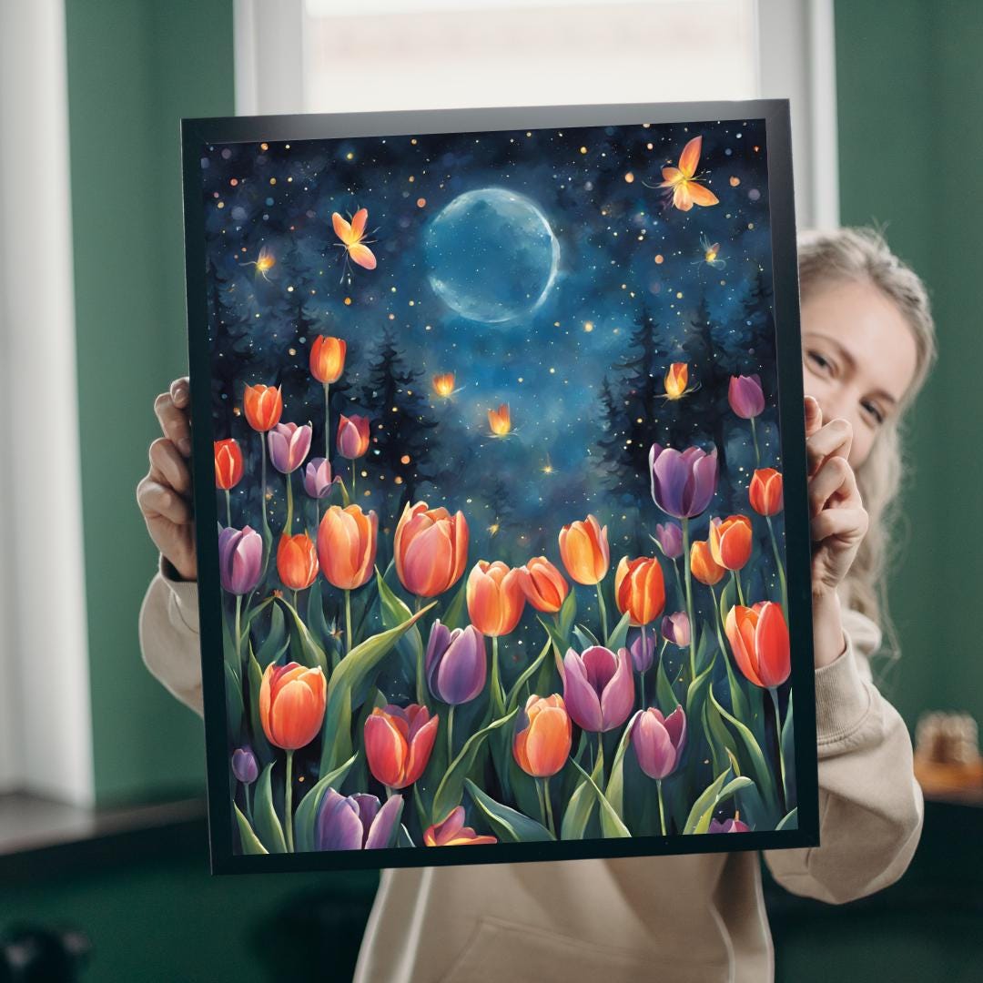 Moonlit Tulip Garden Puzzle, Glowing Tulips and Fireflies Tranquil ...