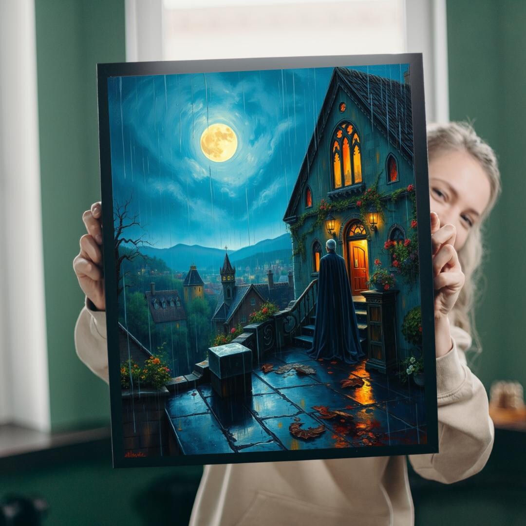 Gothic Vampire Puzzle, Rainy Night Manor Overlooking a Moonlit Village ...