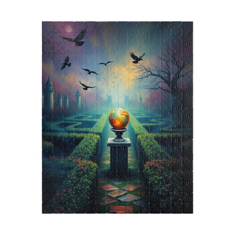 Gothic Garden Maze Puzzle, Mystical Scene With Glowing Orbs Crows and ...