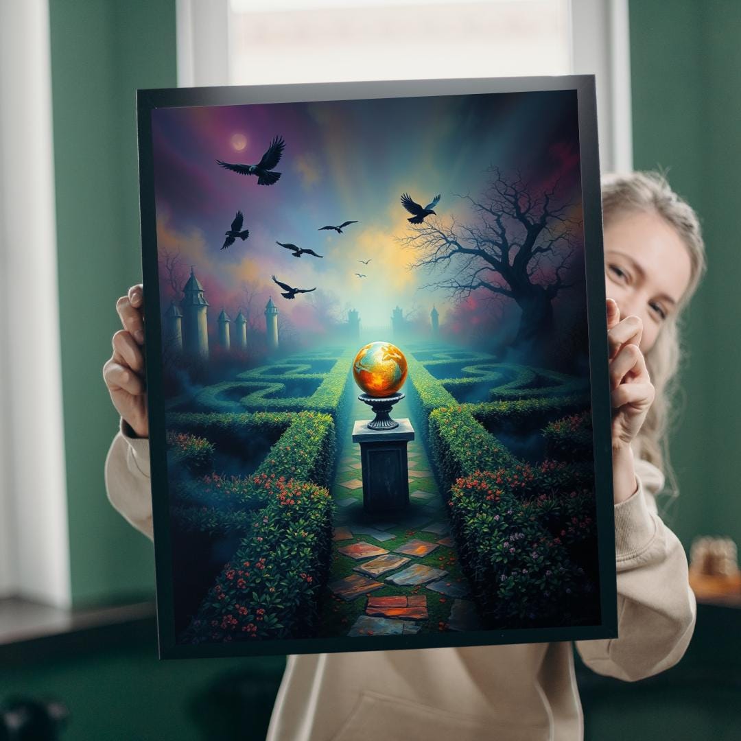 Gothic Garden Maze Puzzle, Mystical Scene With Glowing Orbs Crows and ...