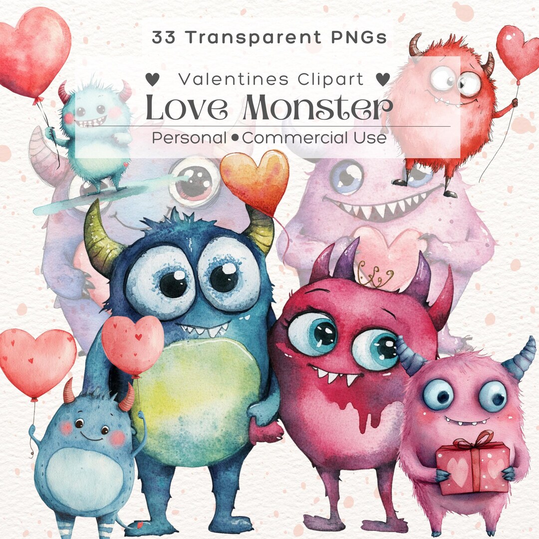 Valentine Monster Clipart – Cute Monster PNG, Digital Product, Instant ...