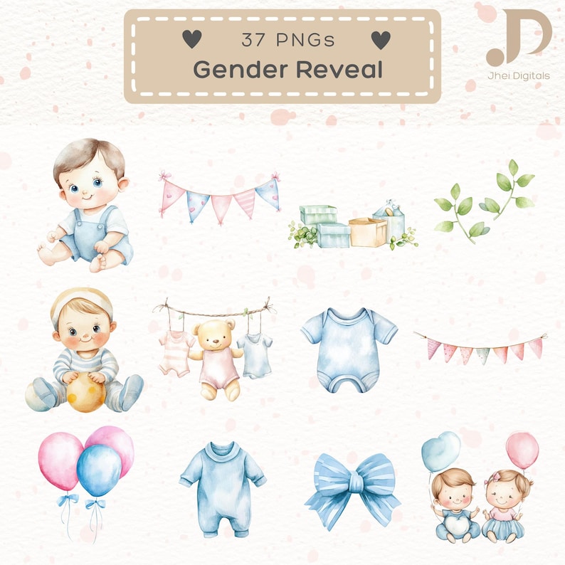 Cute Baby Clipart, Gender Reveal – Digital Product, Watercolor, Instant ...